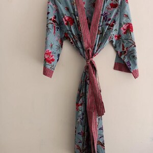 Long Cotton Kimono, Handmade Bird Print Cover up Bath Robes,beach Wear ...