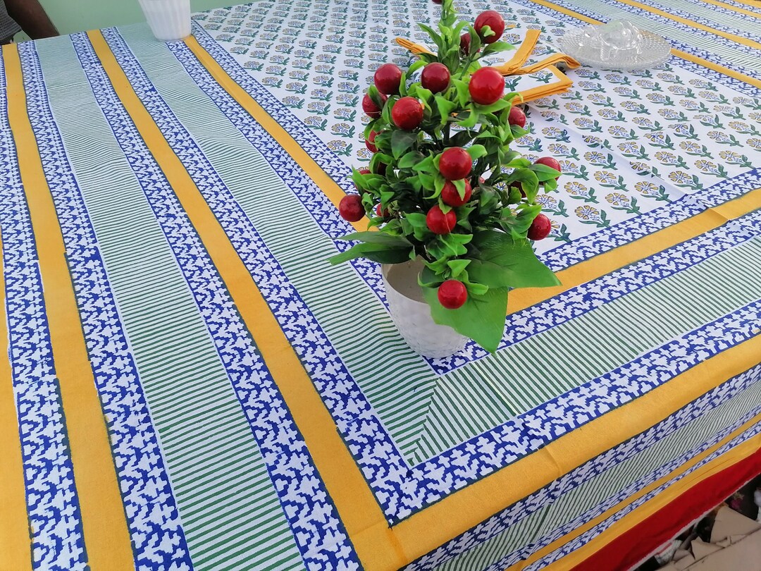 Yellow Color and Indigo Blue Table Cloth Flower Design Hand Block ...