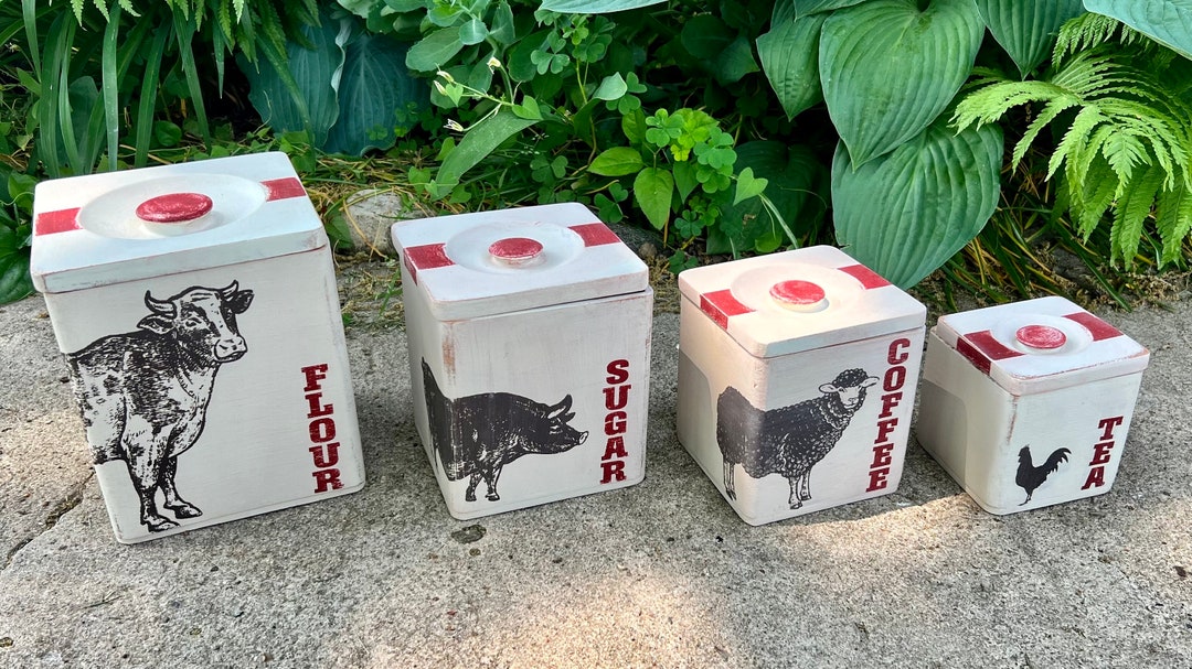 Farmhouse Wood Canister Set Cow Pig Sheep Chicken - Etsy