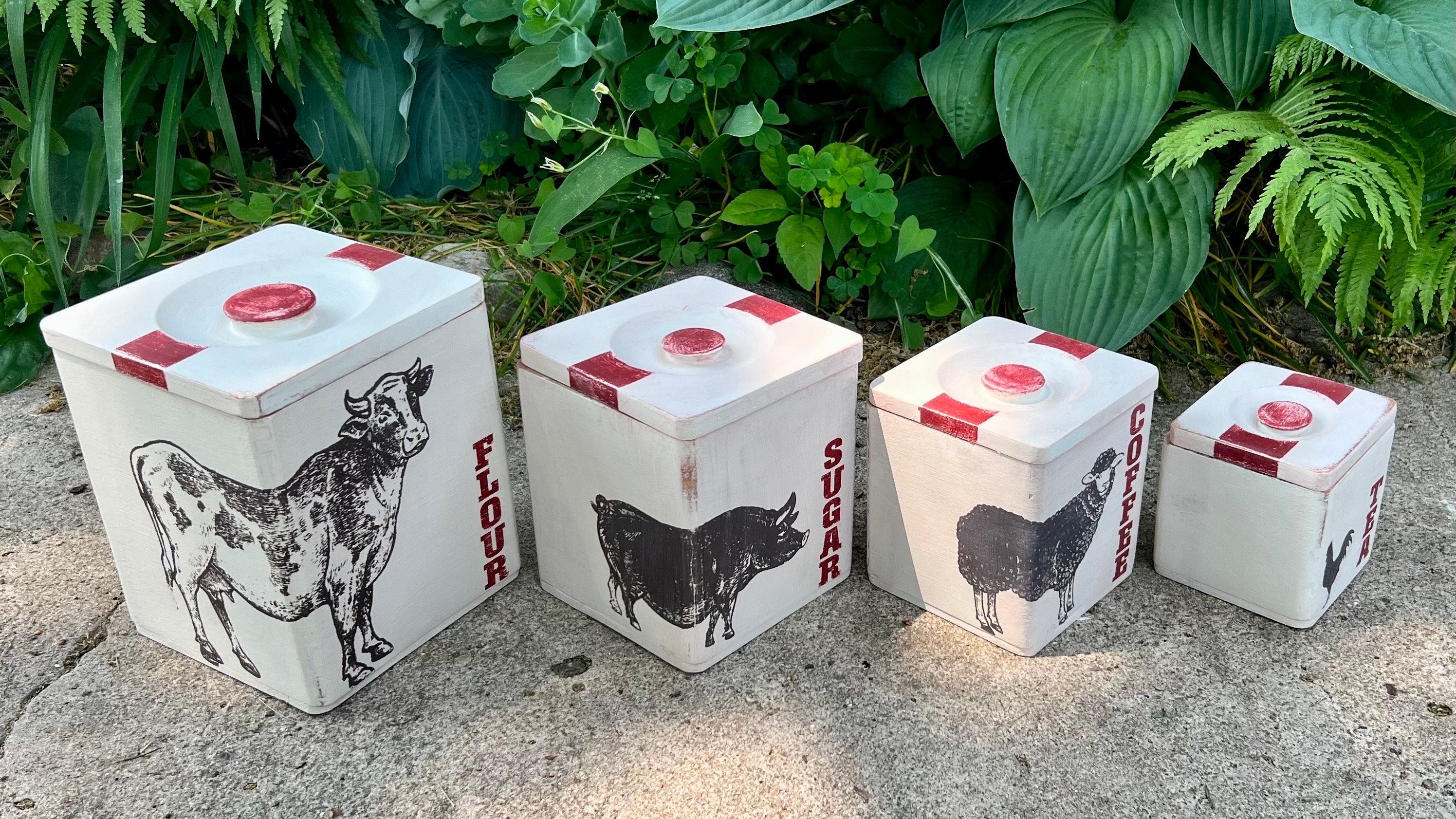 Farmhouse Wood Canister Set Cow Pig Sheep Chicken - Etsy