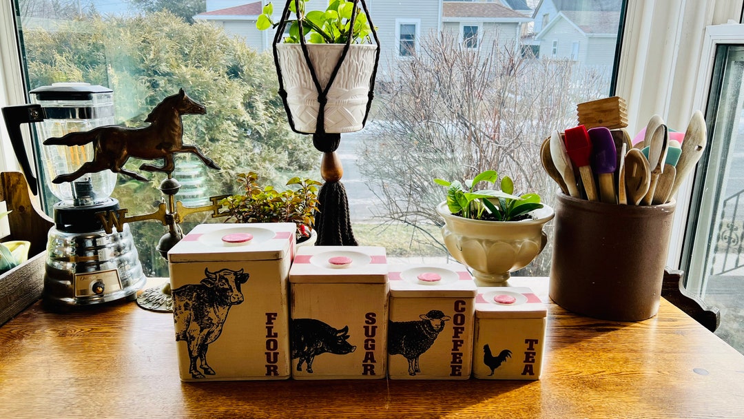 Farmhouse Wood Canister Set Cow Pig Sheep Chicken - Etsy