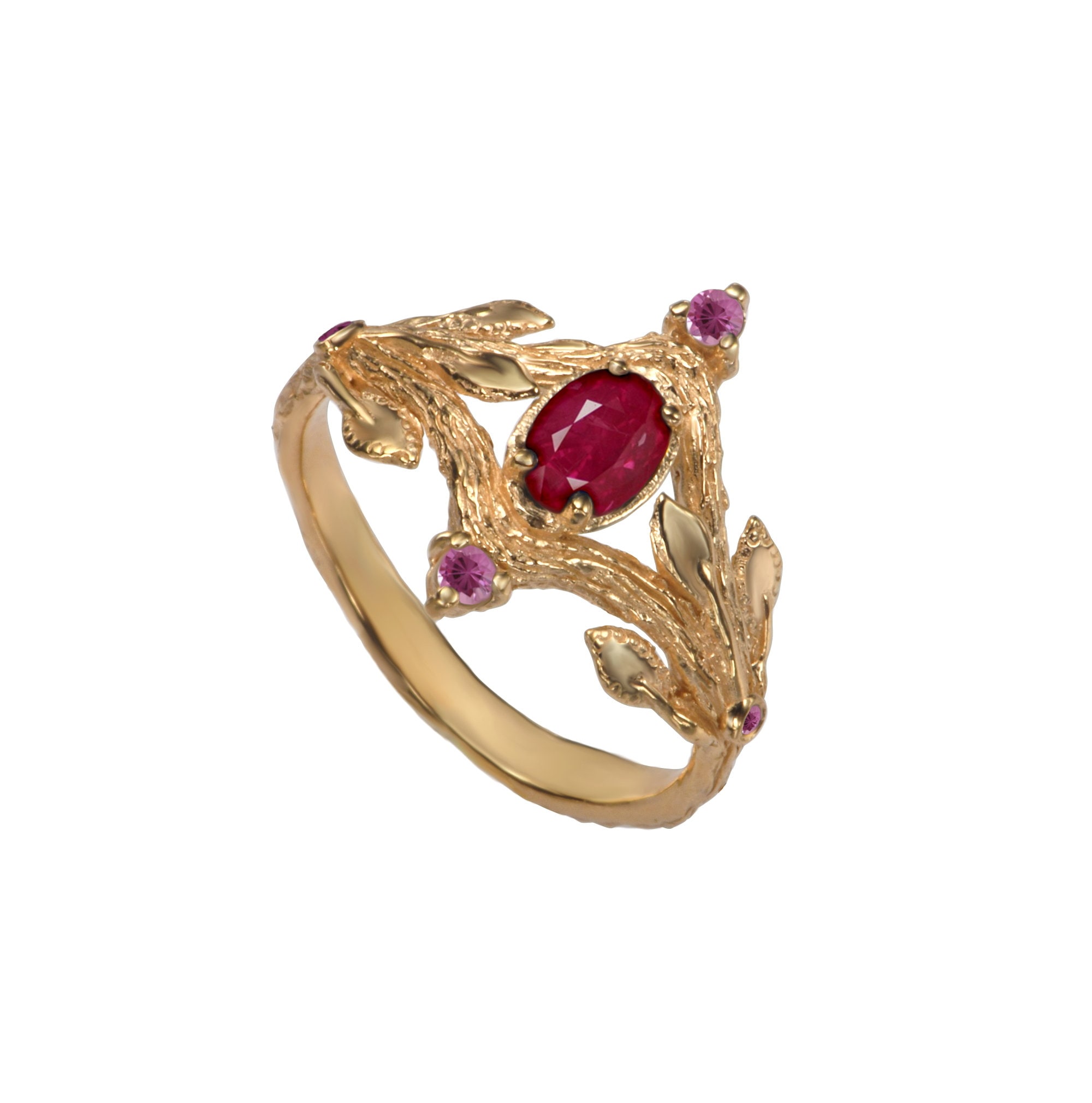 Oval Ruby Leaves Branch Ring, Leaf's Twig Engagement Ring, 14k Solid ...