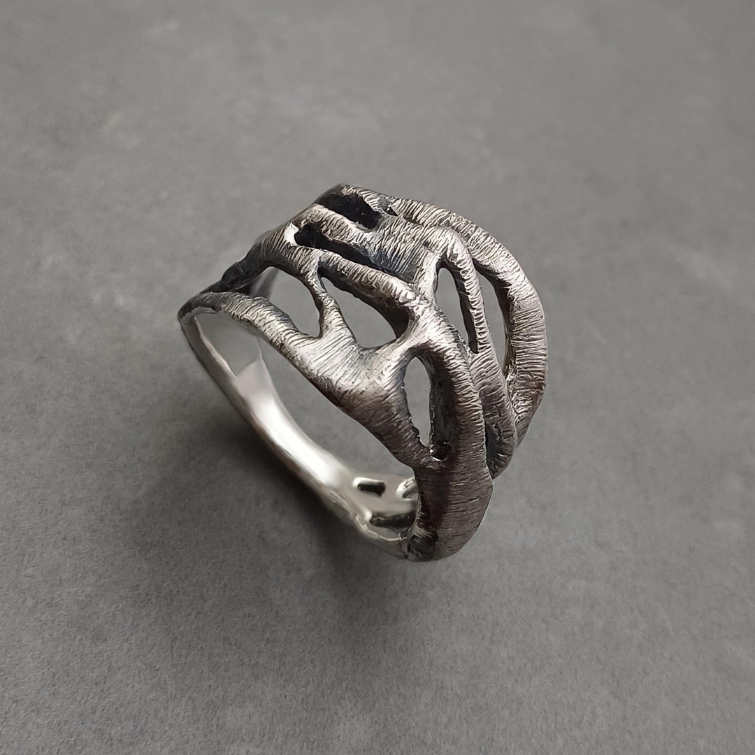 Wide Brutalist Unusual Silver Ring, Silver Thick Branches Ring, Punk ...