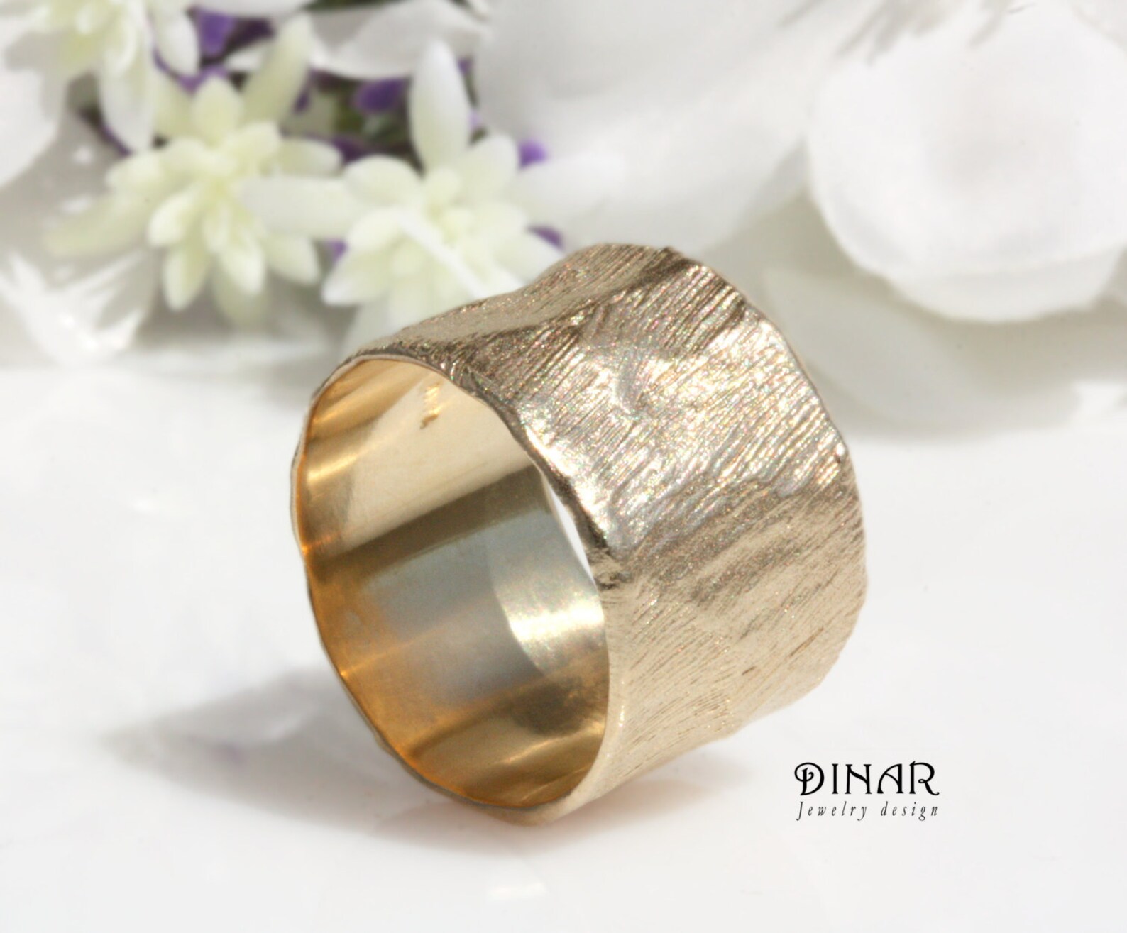 14k Gold Large Ring, Handmade Rustic Wedding Ring, Wide Gold Band ...