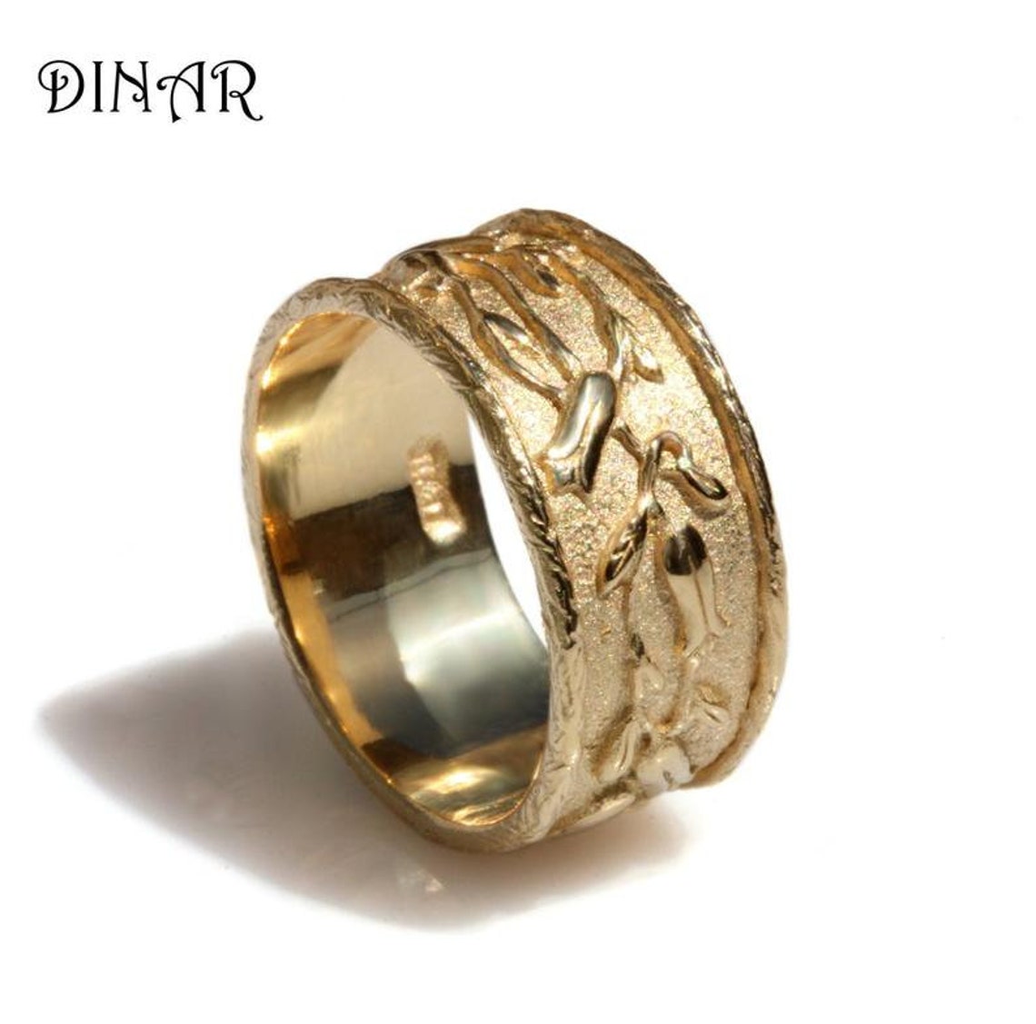 Woodland Nature Inspired Large Wide Gold Wedding Ring Band, Engraved ...