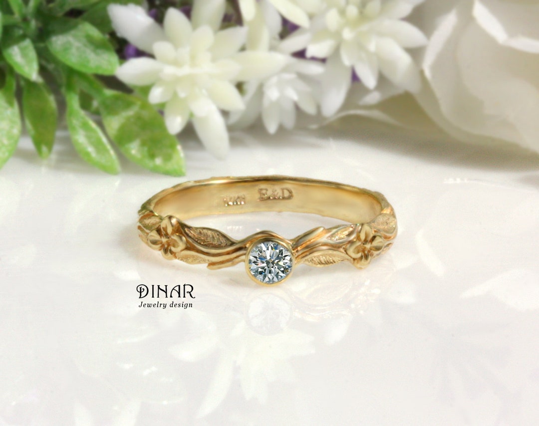 Leaves Diamond Ring, 14k Gold Flower Leaf Thin Delicate Bezel Diamond ...