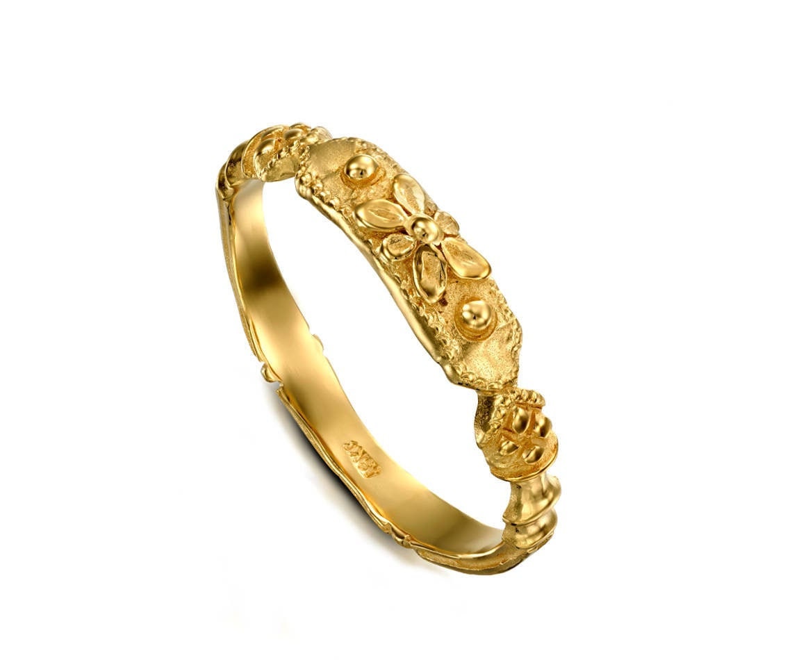 14k gold thin rustic wedding ring for women floral antique | Etsy