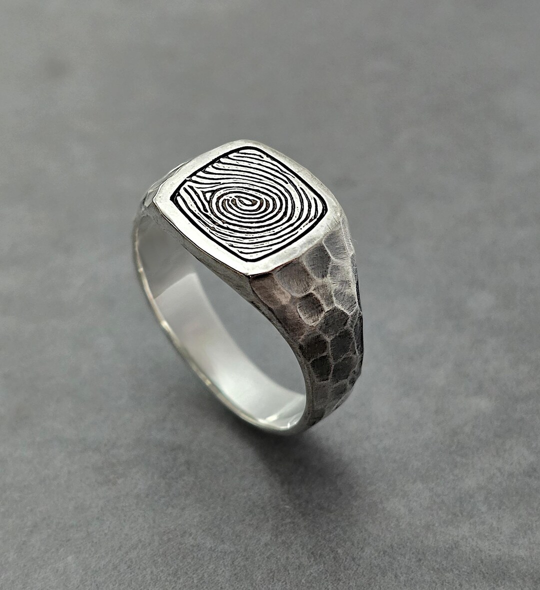Fingerprint Silver Signet Ring, Personalized Fingerprint Ring, Hammered ...