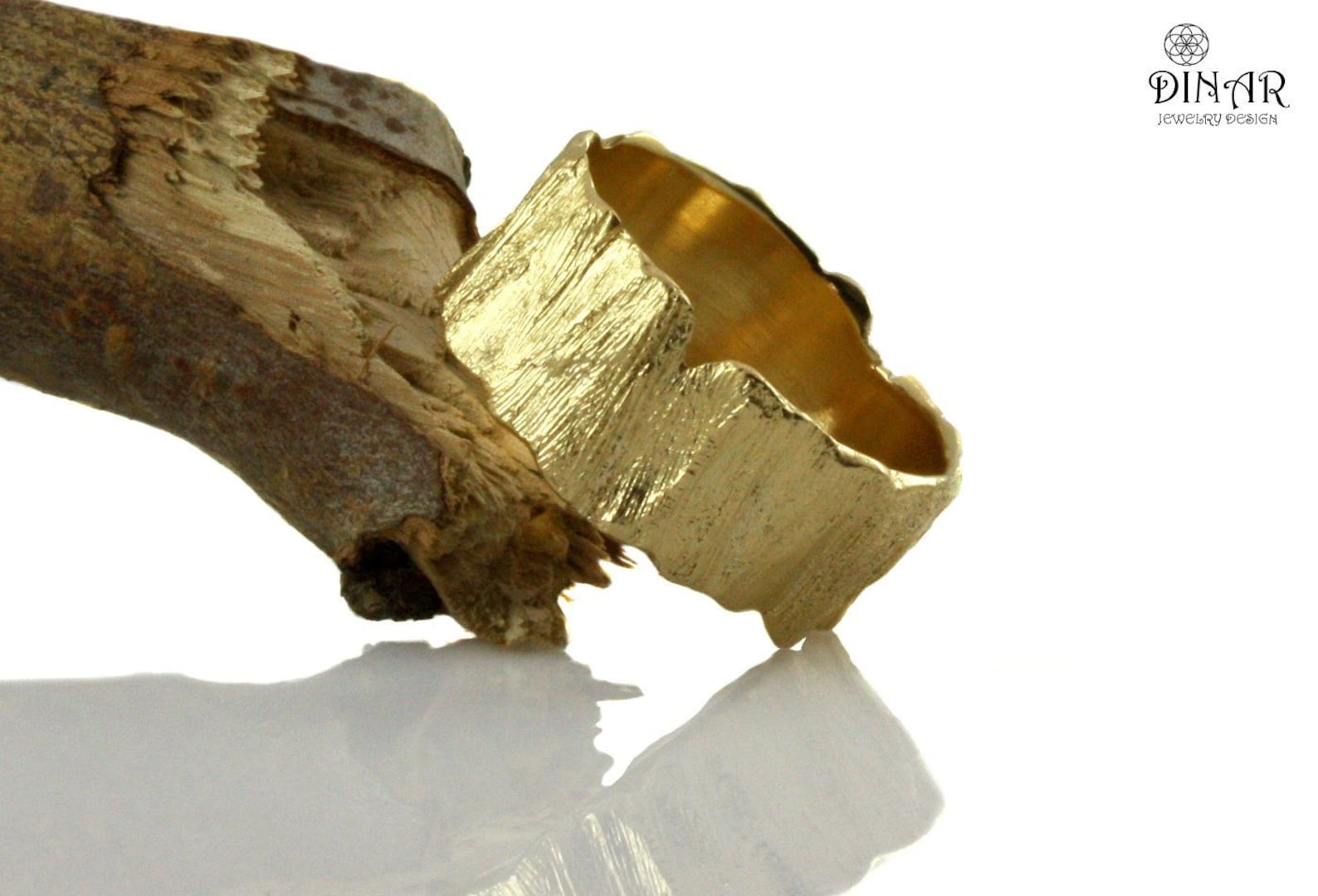 Rustic Hammered Bark Texture Wide Organic Style Branch Gold Ring , Men ...