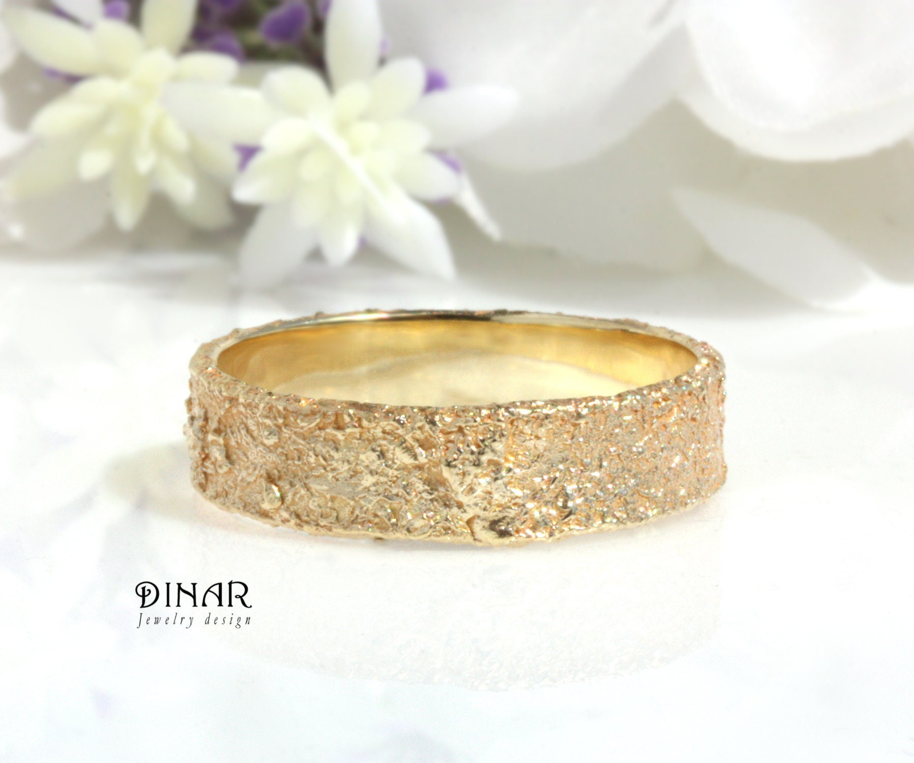 Rustic Textured 14k Gold Wedding Ring Organic Style Shiny | Etsy