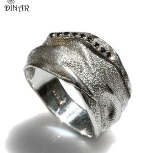 Wide Hammered Silver Ring , Large Rustic Textured Folded Silver Wedding ...