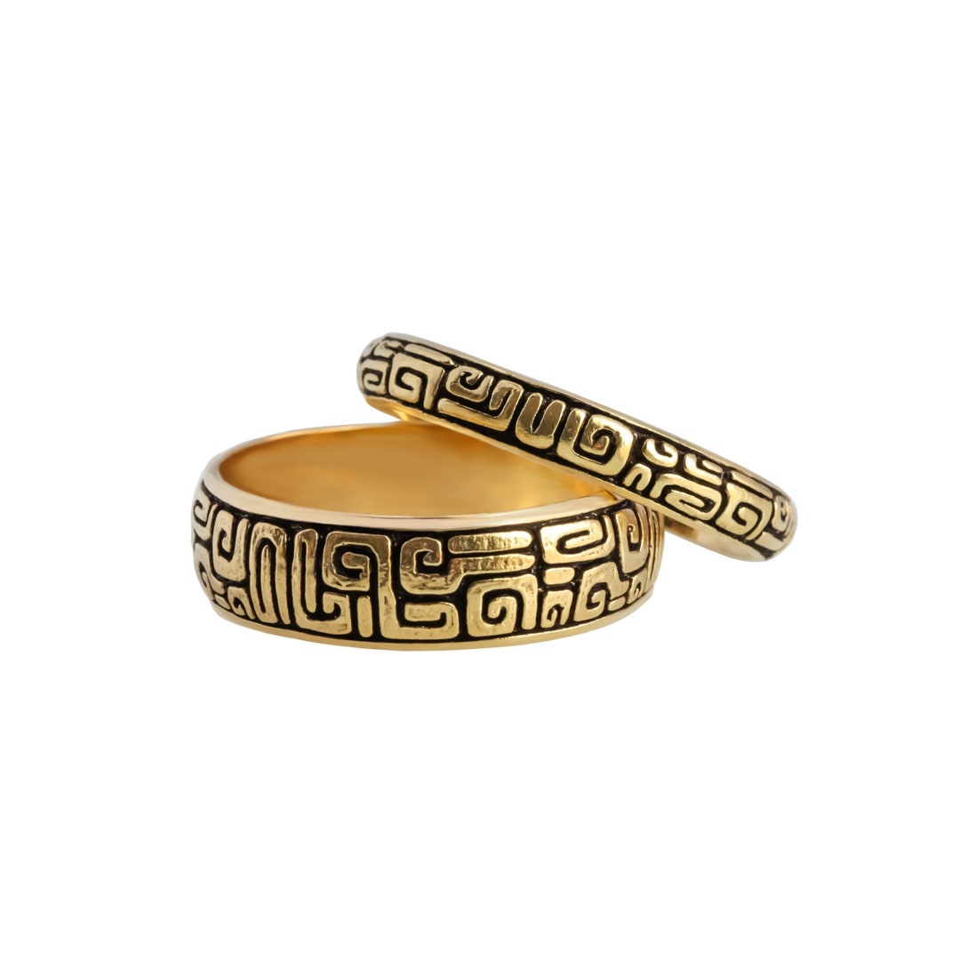 Aztec 14k Solid Gold Wedding Ring Set ,tribal His and Hers Wedding ...
