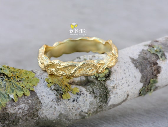 14k Gold Rustic Tree Bark Wedding Ring Tree Twigs Solid Gold | Etsy