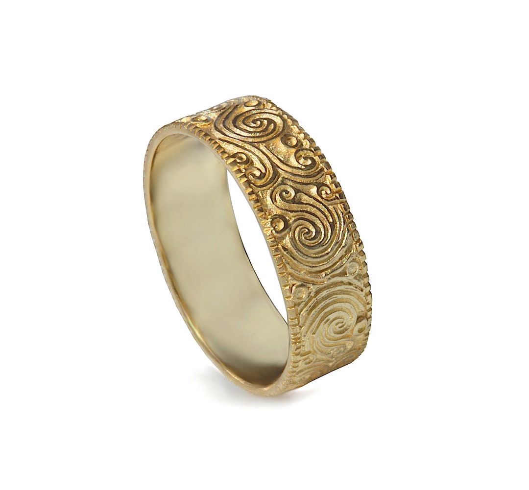 Ancient Style Gold Wedding Ring, Antique Tribal Scrolls Hand Engraved ...