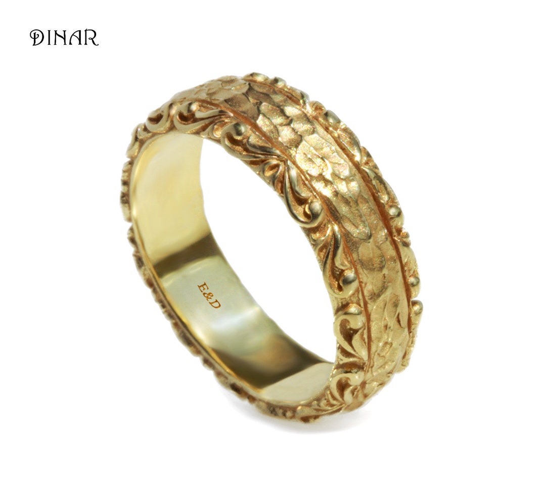18k Women Gold Wedding Ring, Hammered Texture Gold Ring With Engraved ...