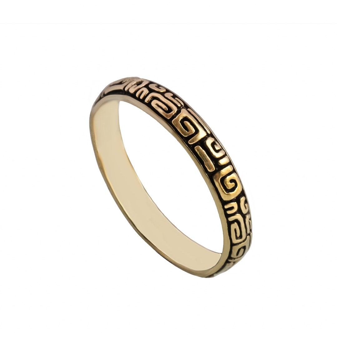 Aztec Gold Ring, Engraved Tribal Pattern Wedding Ring, Ancient Mayan ...