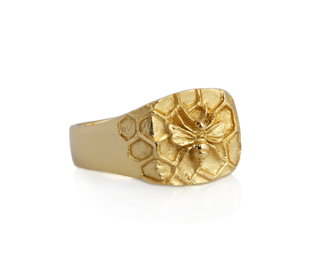 Bee Signet Ring Silver or Gold Plated Honeycomb Bee Ring - Etsy