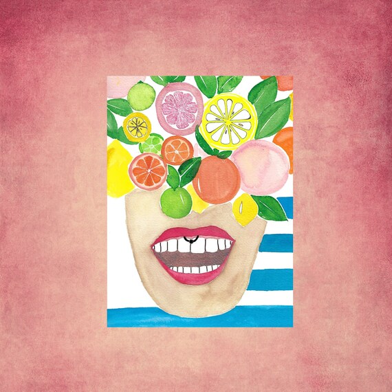 Citrus Smile Modern Portrait Watercolor Giclee Print - Etsy