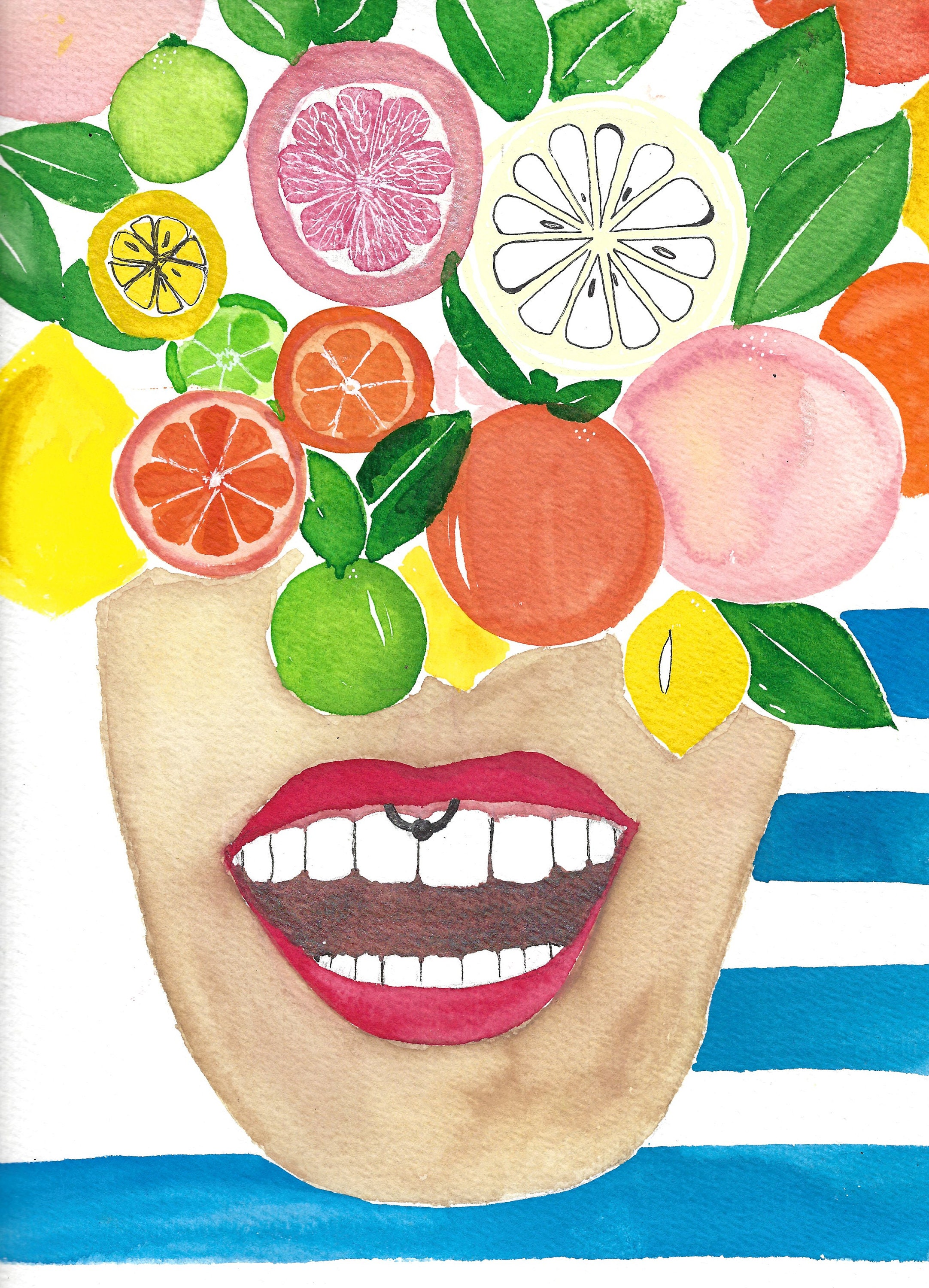 Citrus Smile, Modern Portrait, Watercolor, Giclee Print, Custom ...