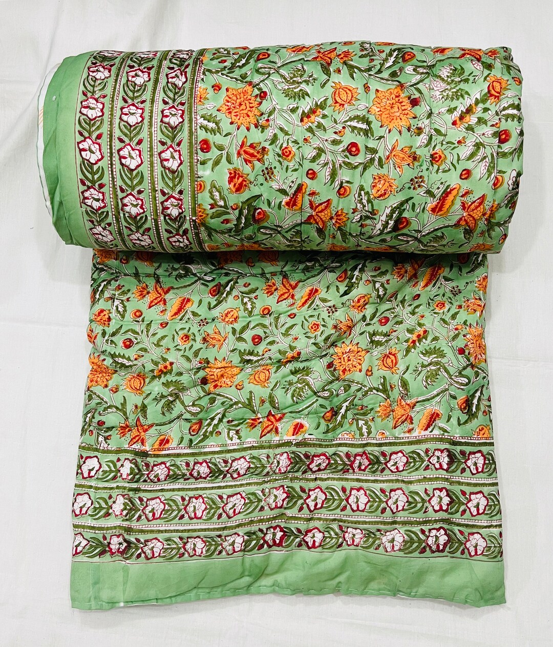 Green Cotton Block Print Quilt ,reasvirele Quilt Handamde Kantha Quilt ...