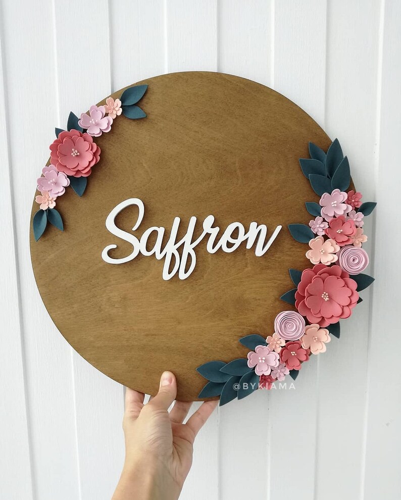 Round Nursery Name Sign Girl Floral Nursery Sign Wooden - Etsy