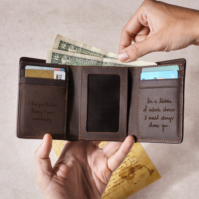 Handwriting Gifts for Men, Engraved Leather Wallet, Mens Gifts, Trifold ...