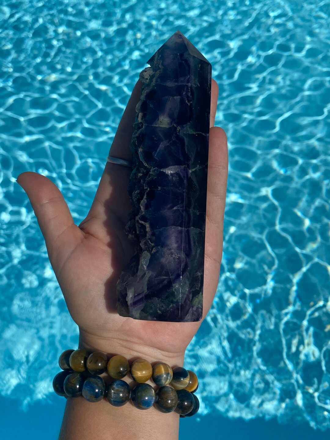 Blue Half Polish / Half Raw Fluorite Tower * Dark Blue and Purple Cubic ...