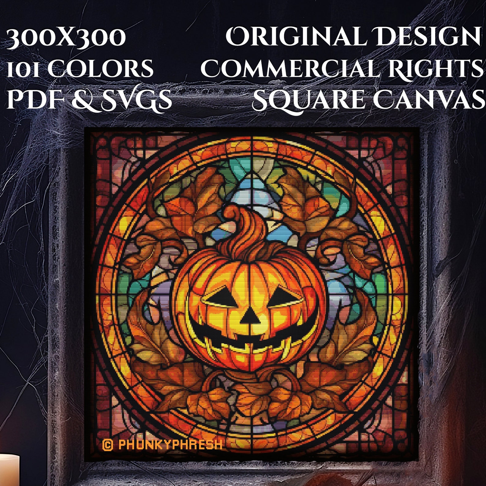 Jack-o-lantern Stained Glass Window - 300x300, 101 DMC Colors, Counted ...