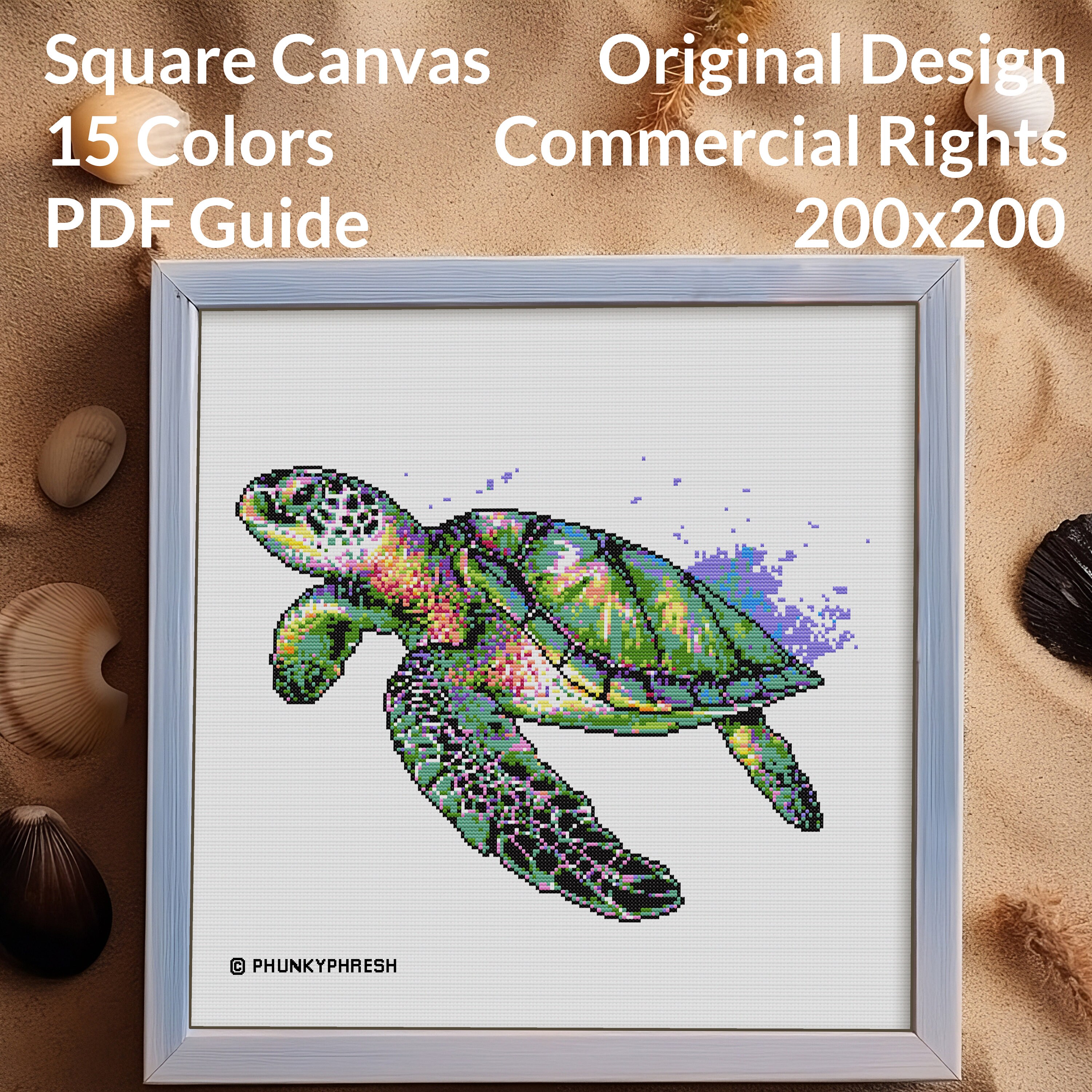Sea Turtle - Counted Cross Stitch Pattern, 200x200, 15 DMC Colors Cross ...