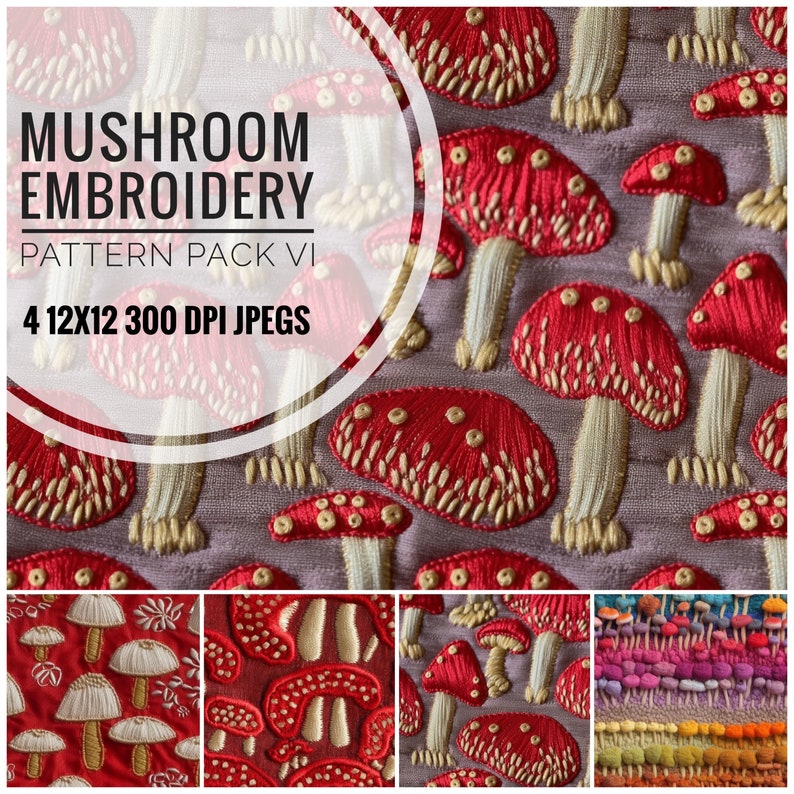 Mushroom Embroidery Pattern Pack VI - Seamless Surface Patterns for ...