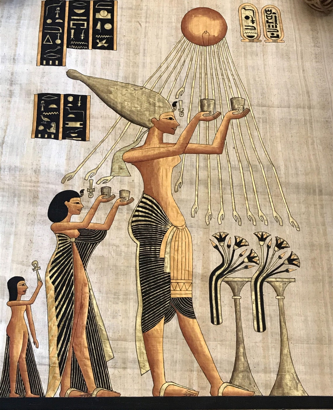 King Akhenaten and Wife Nefertiti Sacrifice to the Sun God Aten 25" X ...