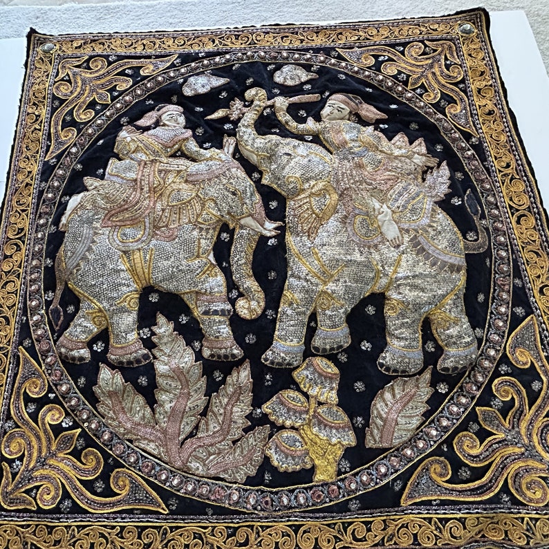 Vintage Burmese Kalaga Tapestry, Sacred White Elephants & Warriors - Etsy