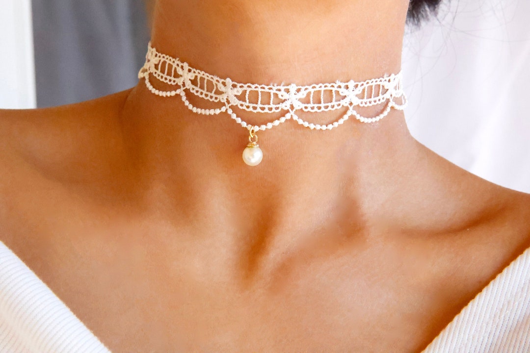 White Lace Pearl Charm Choker Necklace / White Lace Choker Wedding ...