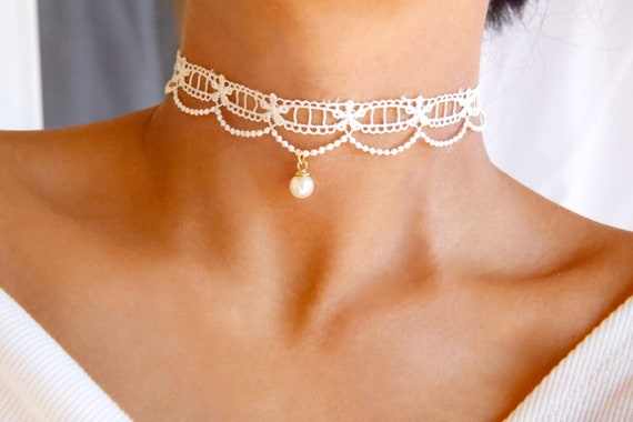 White Lace Pearl Charm Choker Bridal Wedding Necklace Bridesmaid White Chokers Dangling White Jewelry Gift for Her Cute White Victorian Etsy