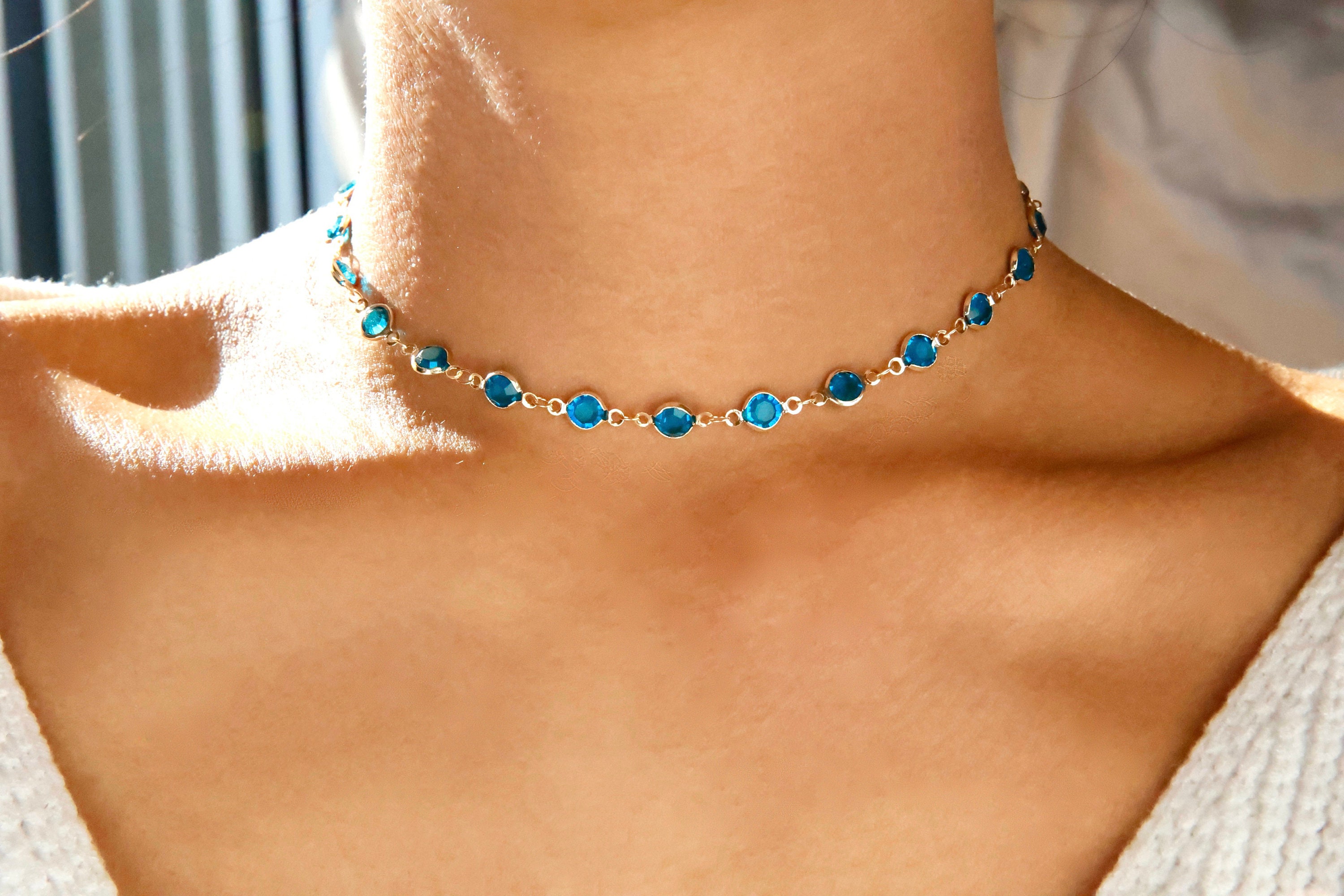 Elegant Blue Rhinestone Choker, Sea Blue Cz Crystal Gemstone Chokers ...