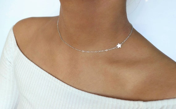 Elegant Silver Star Choker, Side Charm Unique Delicate Tiny Elegant Silver Star Choker, Side Charm Unique Delicate Tiny
