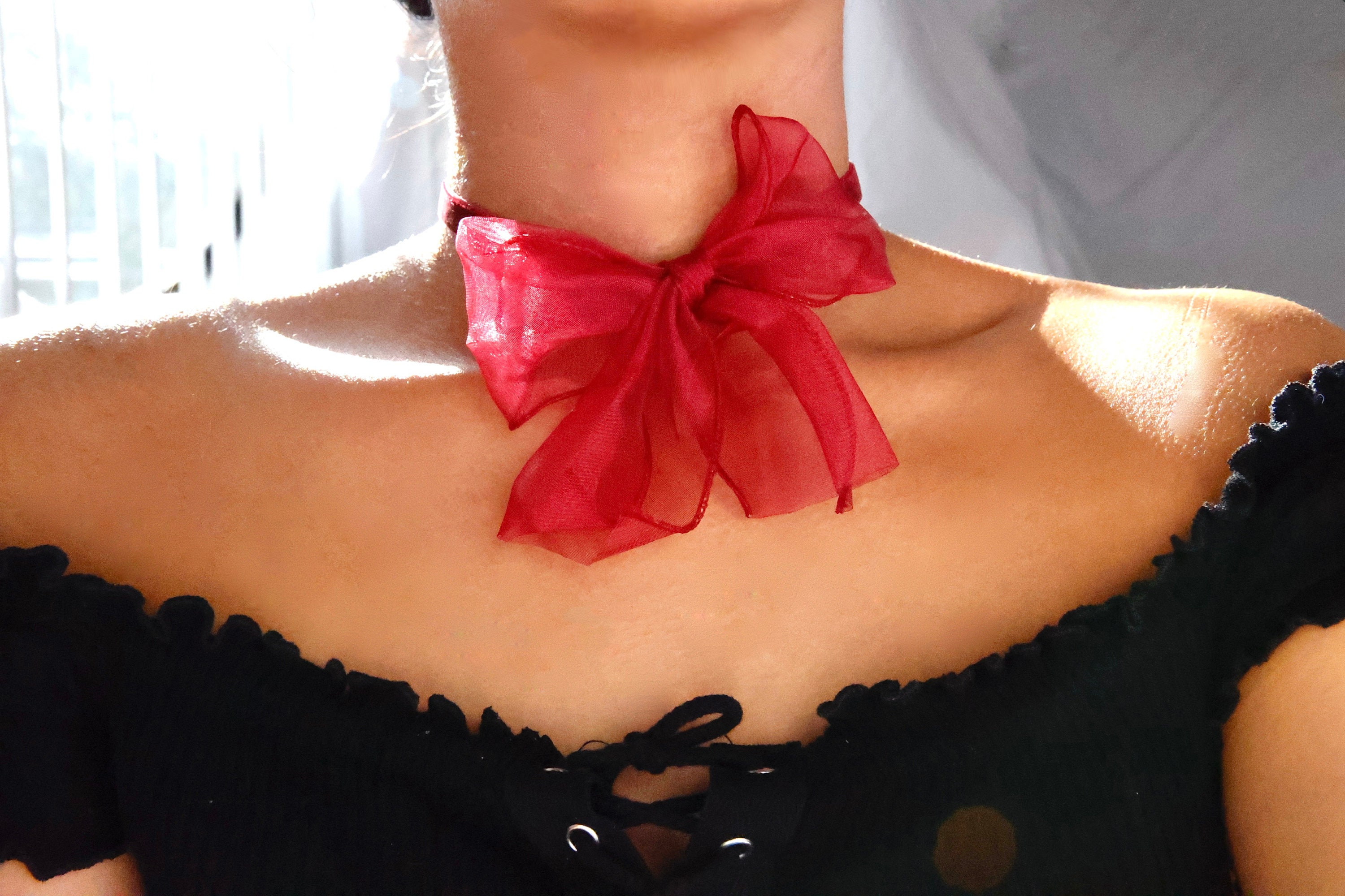 Red Lace Bow Choker: Burgundy Ribbon Tulle Velvet Chokers Also in Black ...