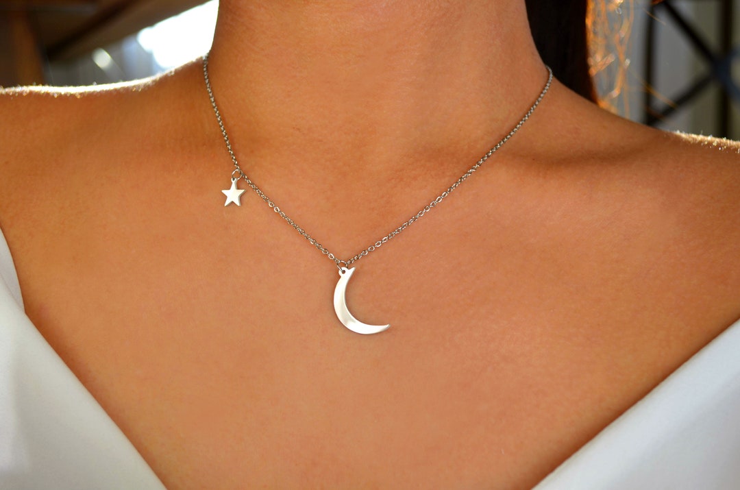Silver Moon Star Stainless Steel / Moon and Star Necklace / Silver Moon ...