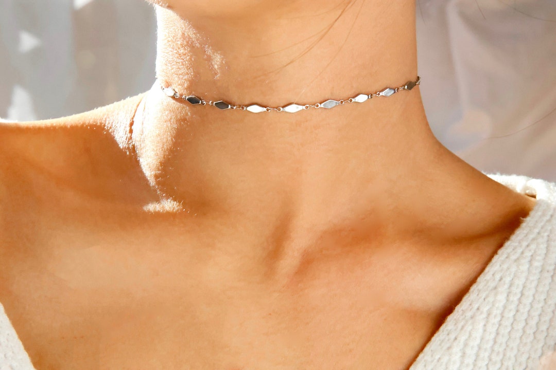 Silver Geometric Stainless Steel Choker Necklace, Dainty Simple Elegant ...