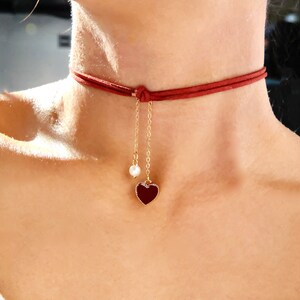 Red Dangling Heart Suede Choker / Red Suede Choker Dangling Heart Charm ...