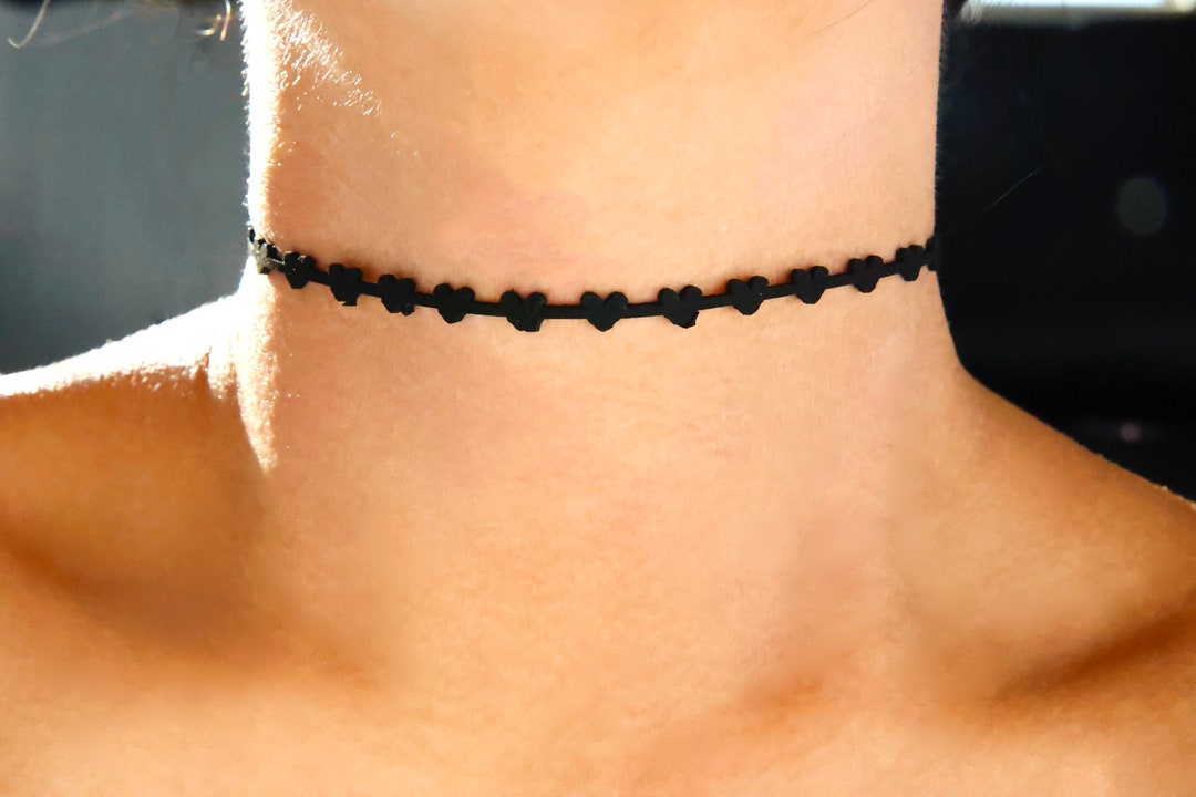 Tiny Black Hearts Choker Necklace Dainty Black Heart Choker Black Repeating Hearts Choker