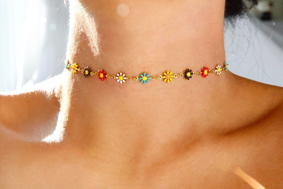 Various Multicolor Daisy Choker: Stainless Steel Dainty Flower Chokers ...