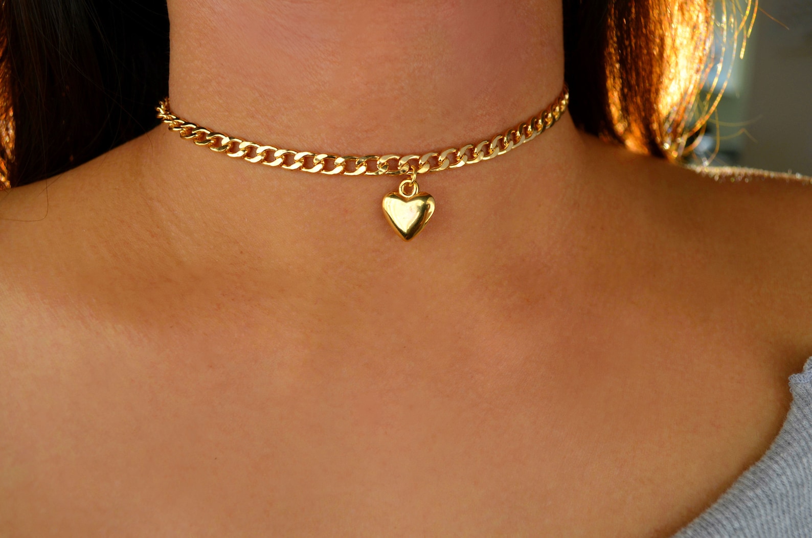 Gold Heart Curb Link Choker / Gold Heart Choker Necklace / - Etsy
