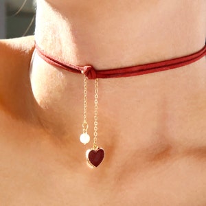 Red Dangling Heart Suede Choker / Red Suede Choker Dangling Heart Charm ...