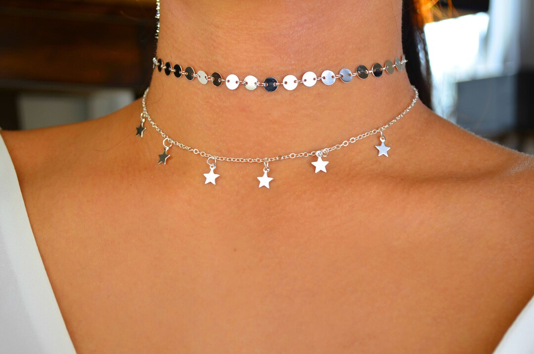 Silver Star Coin Set / Silver Star Choker / Silver Coin Choker / Dainty ...