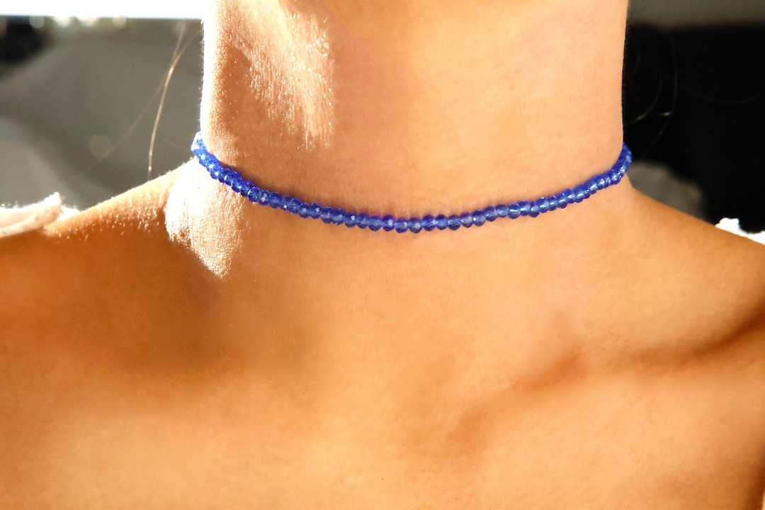 Dainty Blue Gemstone Choker / Blue Crystal Stone Choker / Dainty Blue Beaded Choker / Dainty ...