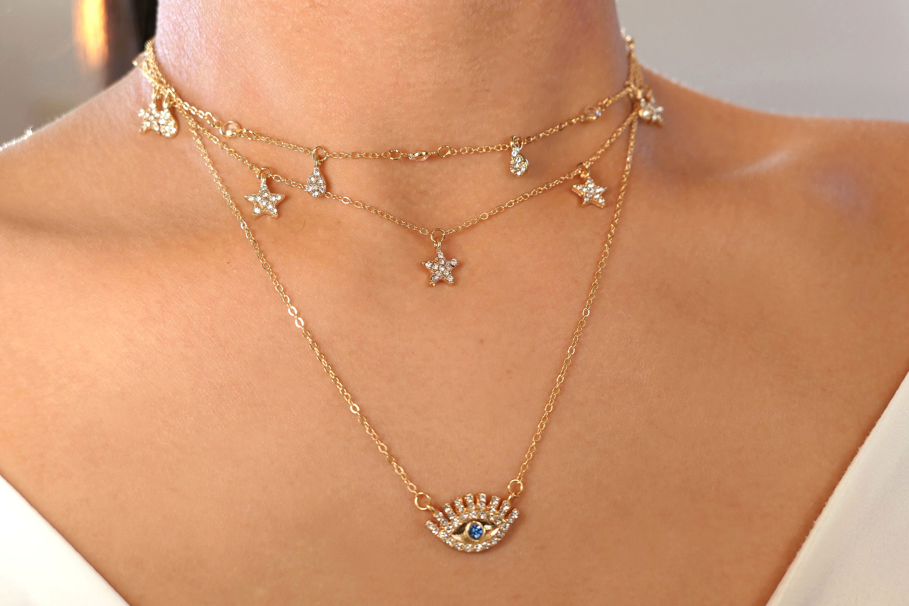 Dainty layered eye necklace / third eye necklace / evil eye | Etsy