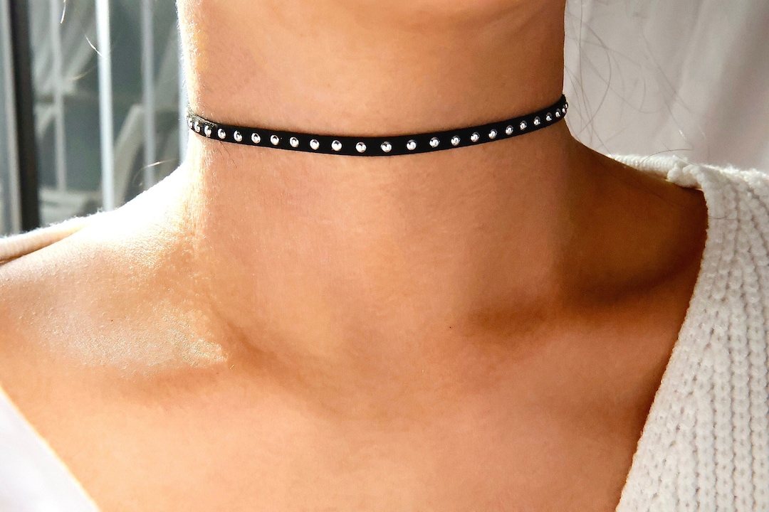 Black Studded Choker: Dainty Suede Chokers With Gold or Silver Round ...