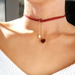 Red Dangling Heart Suede Choker / Red Suede Choker Dangling Heart Charm ...