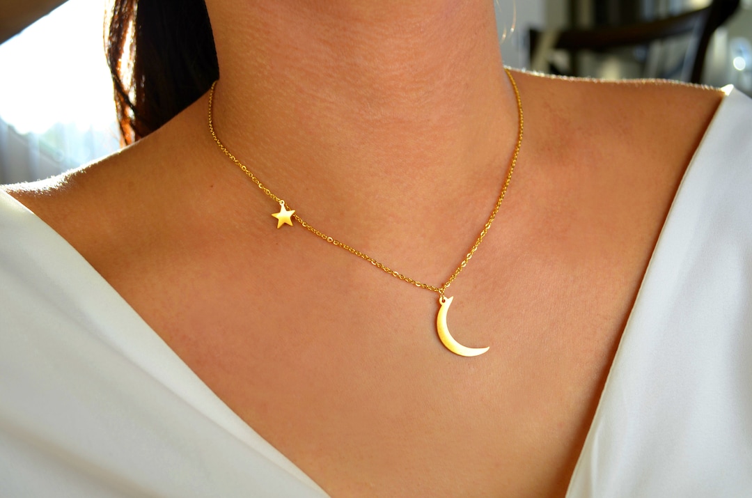 Gold Moon Star Stainless Steel / Moon and Star Necklace / Gold Star ...